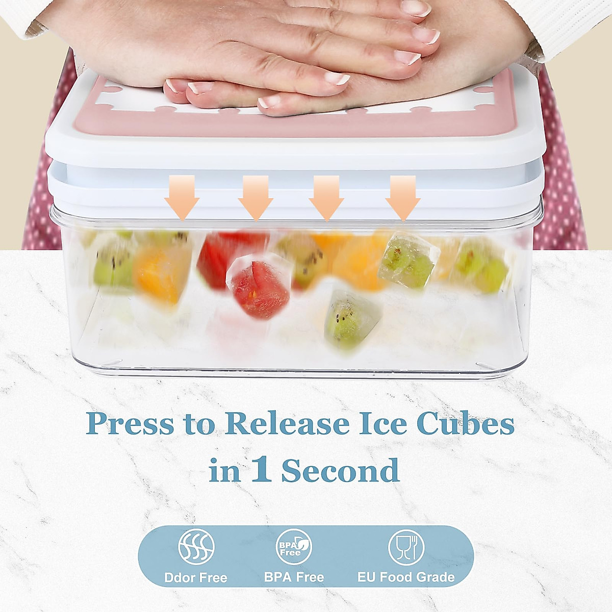 Bezioner Ice Cube Tray with Lid and Bin, Flexible Ice Cube Trays for Freezer, Easy-Release Silicone Ice Cube Molds for Whiskey Cocktails Bourbon Drinks Coffee (Pink)