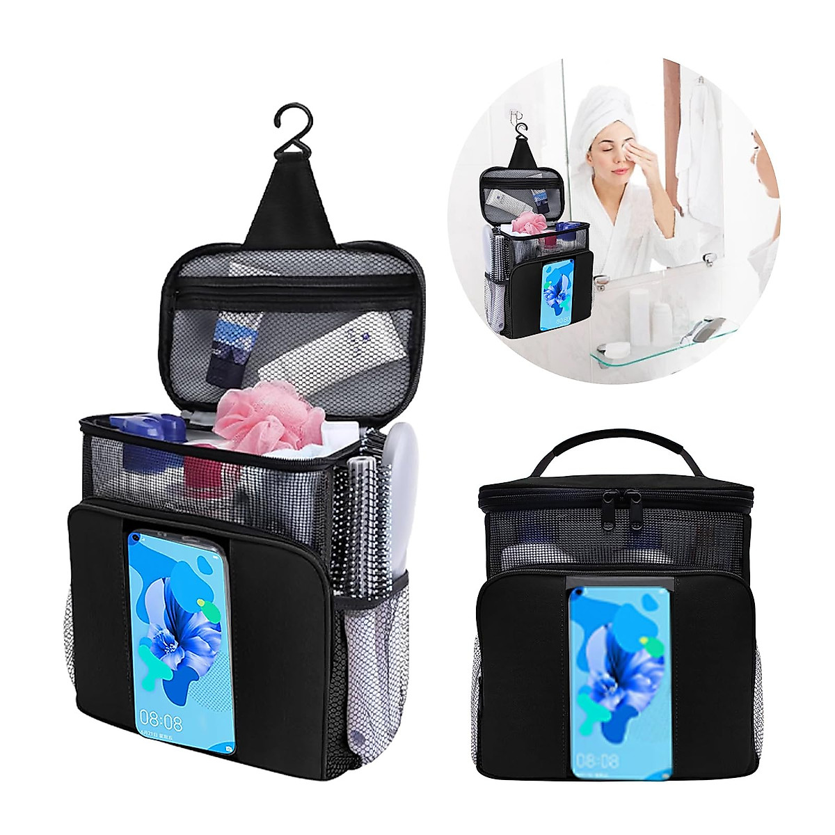 Portable Shower Caddy, Mesh Shower Caddy for Travel, Large Capacity Hanging Shower Caddy for College Dorm Room Essentials, Personal Shower Caddy for Mens Womens Camping Beach(Black)