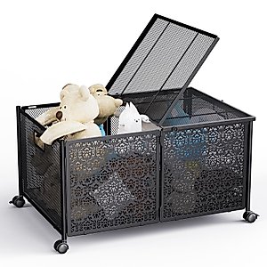 LOEVIICA Toy Box Toy Chest with Rotating Wheels and Sturdy Metal Lid, Metal Toy Organizers and Storage Boxes Baskets for Boys Girls Kids Room (Black (Small 2 Pack))
