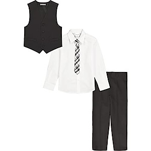 Van Heusen Boys' 4-Piece Formal Suit Set, Vest, Pants, Collared Dress Shirt, and Tie, Black/Red Stripe, 6