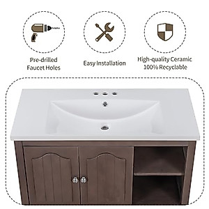 PIETFIU 36" Bathroom Vanity with Ceramic Basin Sink Set, Freestanding Bathroom Storage Cabinet with 2 Doors and 2 Drawers, Solid Frame, Metal Handles (Brown, 36 Inch)