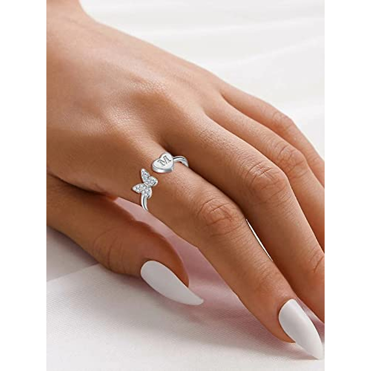 Sora Tuki S Initial Ring for Women Silver Letter Ring Adjustable Rings Butterfly Heart Initial Rings for Women Dainty Stackable Rings Cute Silver Rings