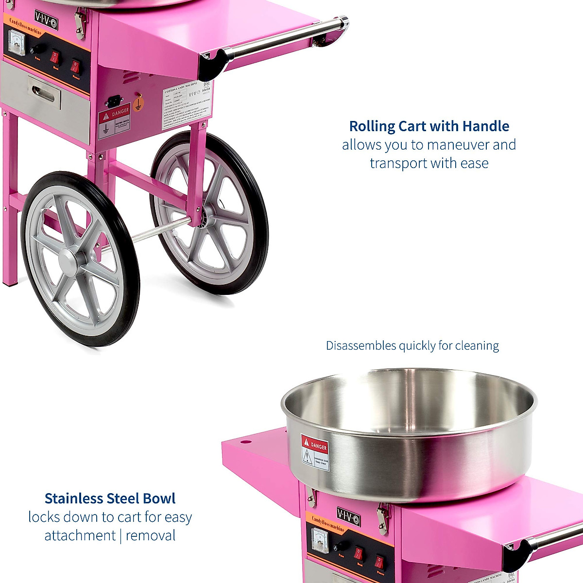 VIVO Pink Electric Commercial Cotton Candy Machine/Candy Floss Maker, Mobile Cart with Bubble Shield CANDY-KIT-2