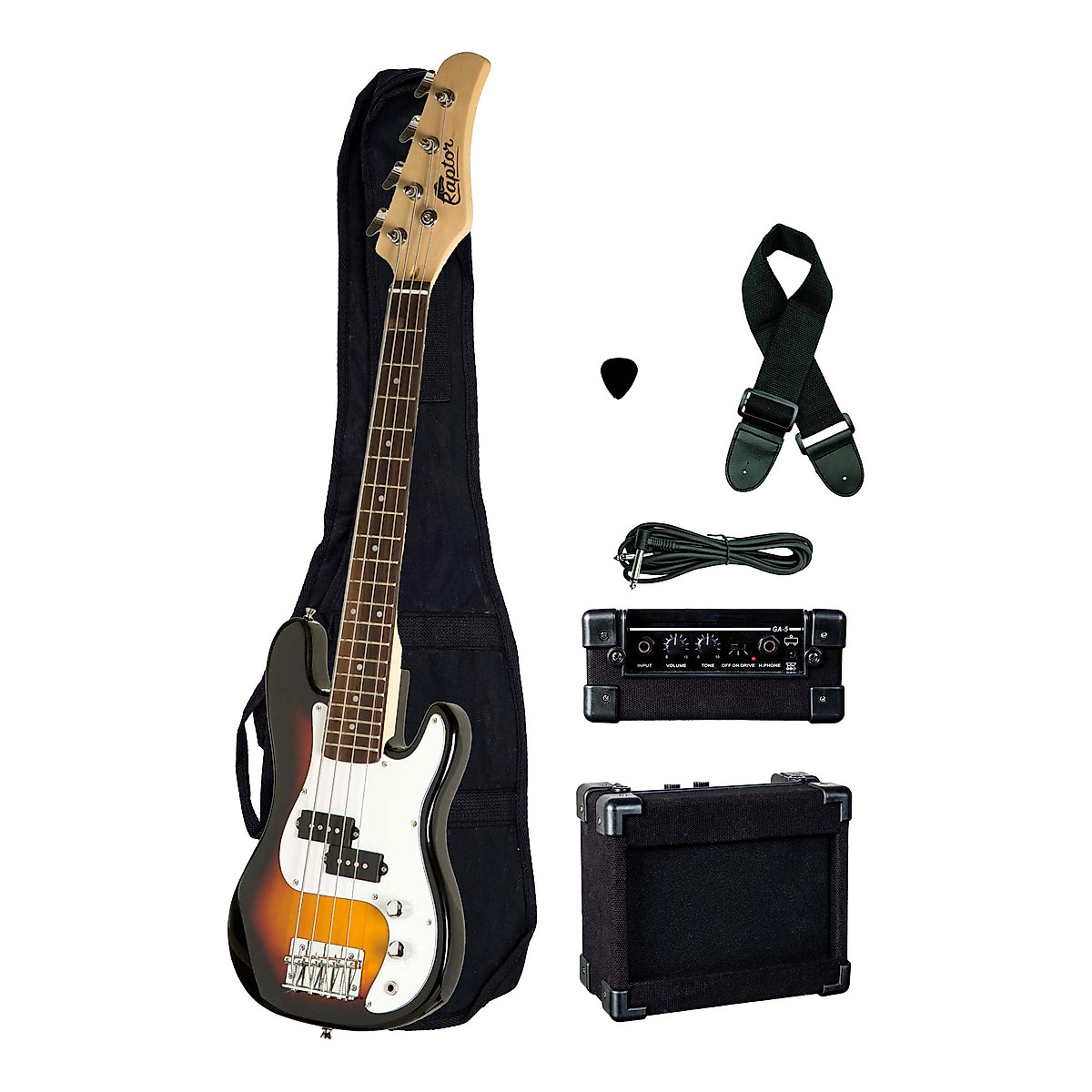 Raptor EB38CO-TS 3/4 Size Kids Junior 4 String Electric P Bass Package, Tobacco-Burst with Gig Bag, Strap, Cable, Pick, 5 W amp, 38" L