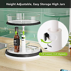 2-Tier Lazy Susan Turntable and Height Adjustable Cabinet Organizer with 1x Large Bin and 3 x Divided Bins, Removable, Clear Spice Rack Organizer for Cabinet, Pantry, Kitchen (2 Tier w/Bins)