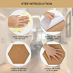 Self-Adhesive Cork Board Cork Tiles 8 Pcs Wall Bulletin Board 12" x10.2" Hexagon Cork Tile, Not Hurt Wall, Natural Message Pin CorkBoard for School/Home/Class/Kitchen & Office Decor Photo Display Memo