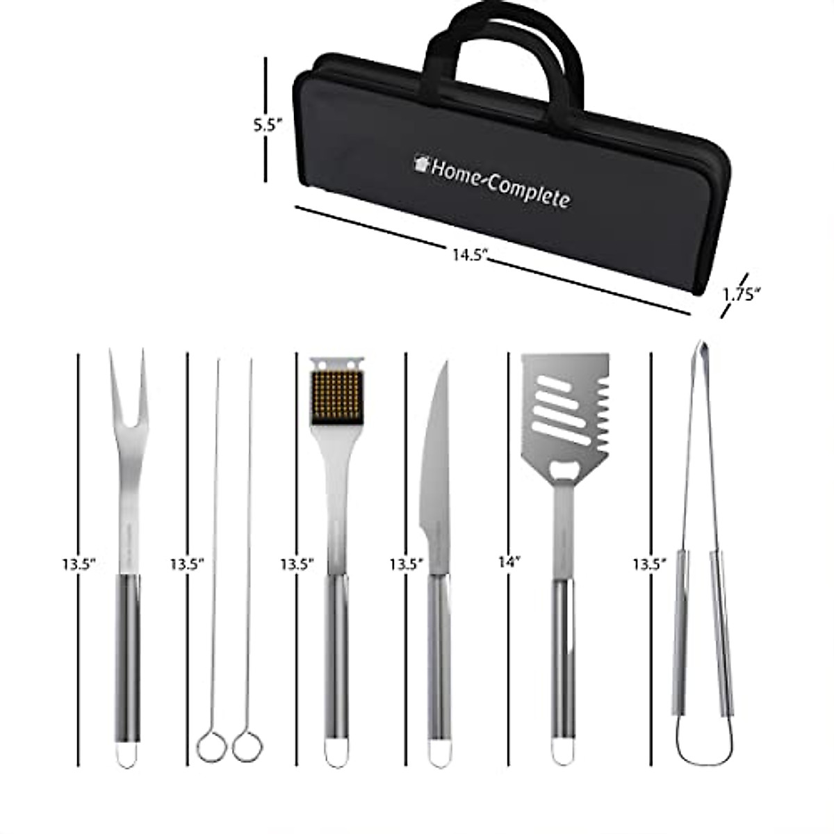 Home-Complete BBQ Grill Tool Set- Stainless Steel Barbecue Grilling Accessories with 7 Utensils and Carrying Case, Includes Spatula, Tongs, Knife