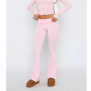 Sumleno Women Y2k Skinny Pants Flare Leggings Low Rise Fold Over Waist Bootcut Stretchy Yoga Sweatpants Lounge Streetwear (Light Pink,S)