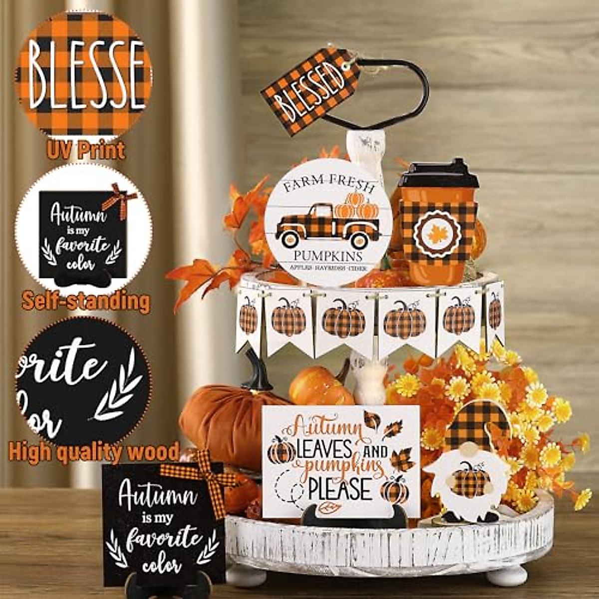 Maitys 13 Pcs Fall Tiered Tray Decor Set Thanksgiving Pumpkin Gnome Rustic Farmhouse Decor Fall Decor Autumn Harvest Decorative Trays Wooden Tabletop Signs for Home Kitchen(Orange Plaid Style)
