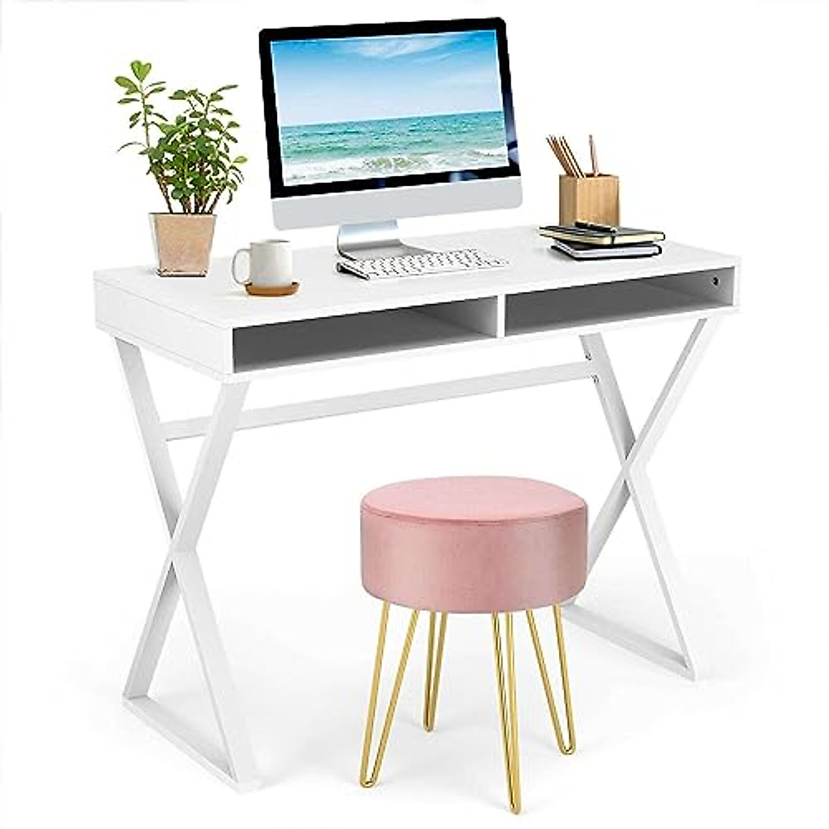 KJNS Vanity Table Set Writing Desk Makeup Table w/Round Velvet Stool Pink Vanity Desk Makeup Vanity Side Tables Bedroom Vanity Table Portable Desk Vanity Set