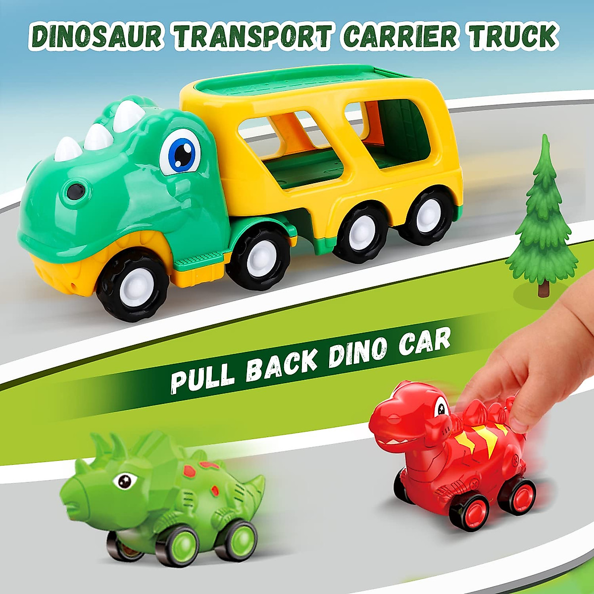 TOY Life Toddler Car Toy for 1+ Year Old, Dinosaur Transport Carrier Truck with 4 Pull Back Dinosaur Cars Dino Figures, Dinosaur Toys for Kids 1 2 3 4 5+, Christmas Birthday Gift for 18M+ Boys Girls