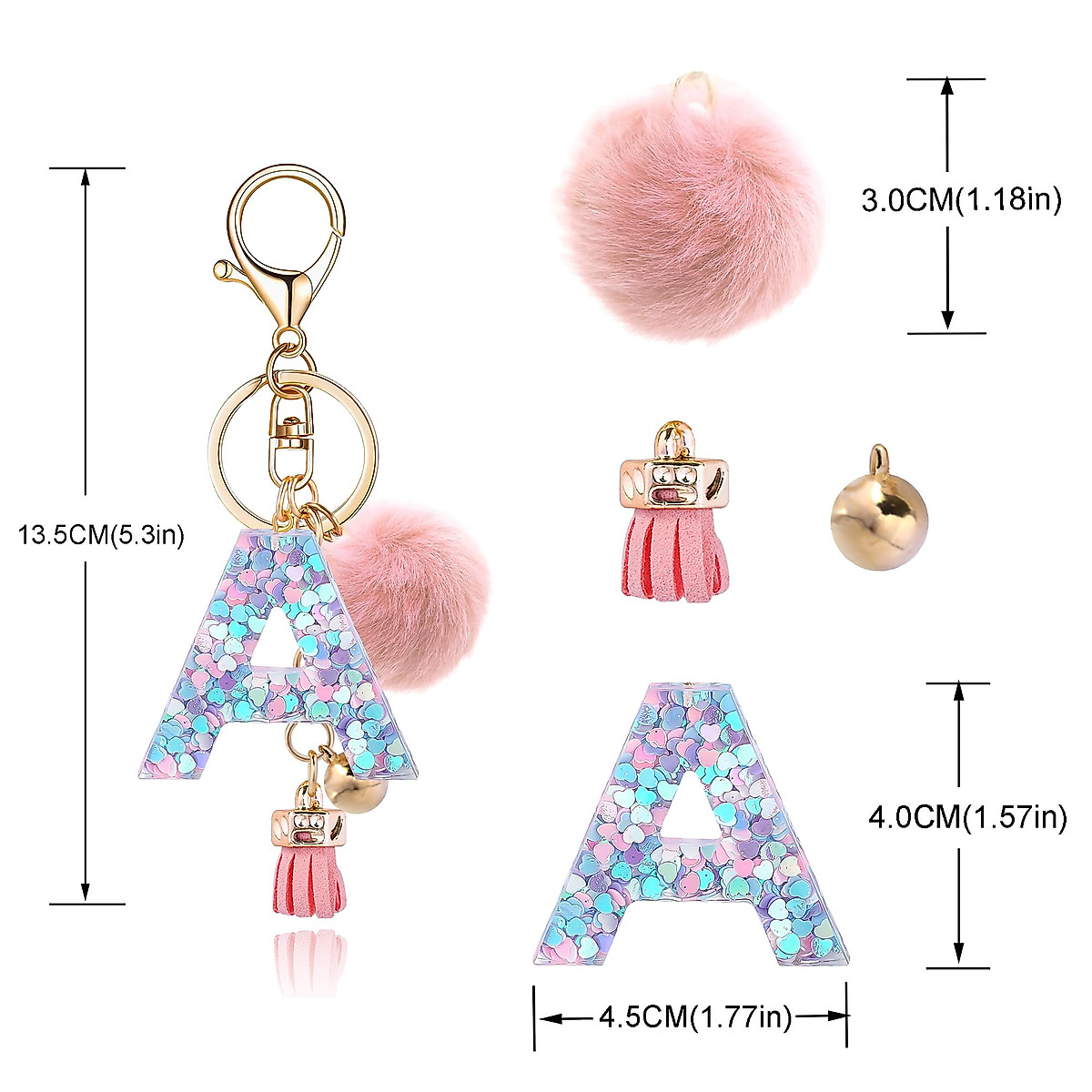 OKAICEN Pink-Purple Resin Alphabet Initial Letter Keychain Key Ring for Women Grils Purse Handbags with Faux Rabbit Fur Ball Pom('A')