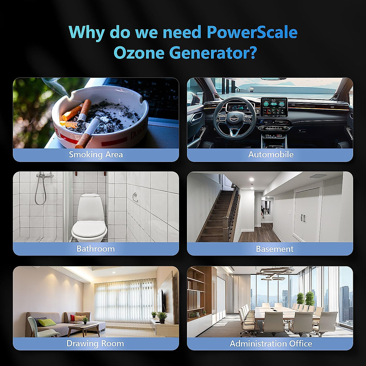 PowerScale Ozone Generator 75,000mg/h OZB1 Ozone Odor Eliminator Commercial Ozone Machine Odor Removal, For Home, Car, Pet Room Ozone Machine - High Capacity Ionizer Ozone Air Purifier, Black