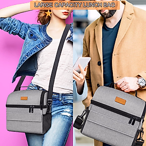 Naukay Lunch Box for Men Women, Dual Compartment Lunch Bag, Reusable Insulated Lunch Bags Large Lunch Box Cooler Tote Bags with Adjustable Shoulder Strap for Office Work Picnic Hiking Fishing, Grey