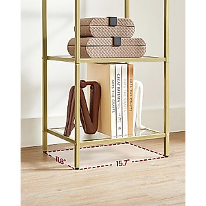 VASAGLE Bookcase, 5-Tier Bookshelf, Slim Shelving Unit for Bedroom, Bathroom, Home Office, Tempered Glass, Steel Frame, Gold Color ULGT029A01