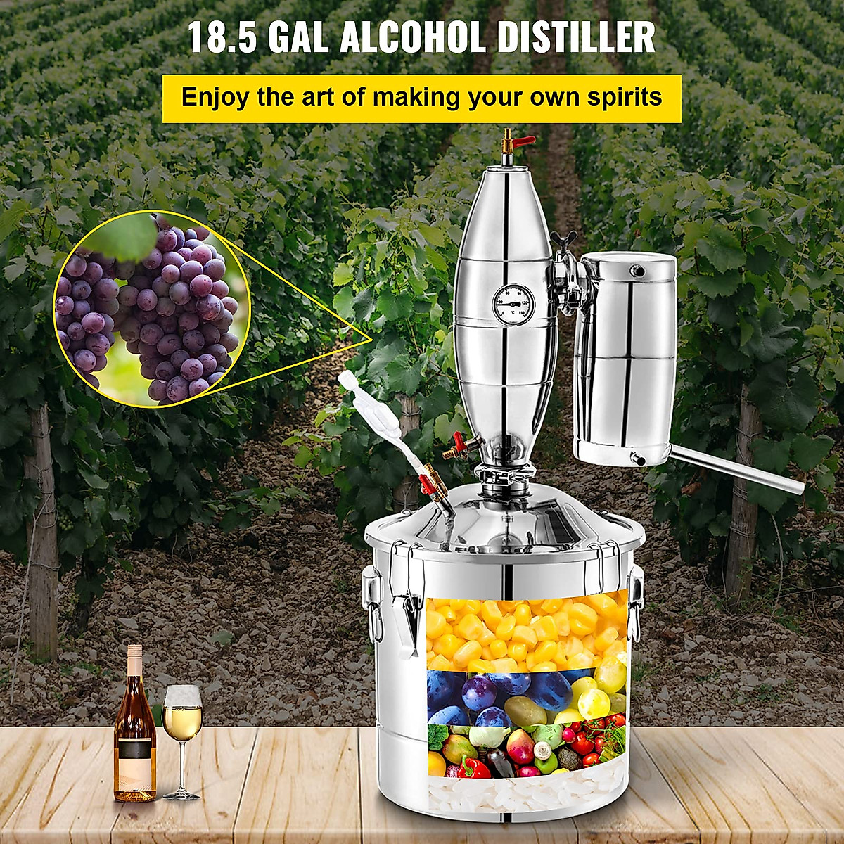 VEVOR Alcohol Still 18.5Gal/70L Alcohol Distiller with Ceramic Balls for Purer Wine Distillery Kit for Alcohol with Brewing Kit for DIY Whisky Wine Brandy