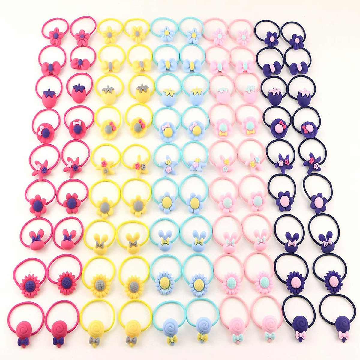 Mixed Color Girl Cartoon Elastic Hair Band, Soft Rubber Band, Hair Band, Rope, Ponytail, Braid Fixer, Girl’s Hair Accessories, Babies, Toddlers, Kids, Teenagers and Children 100 Pieces (50 Pairs)