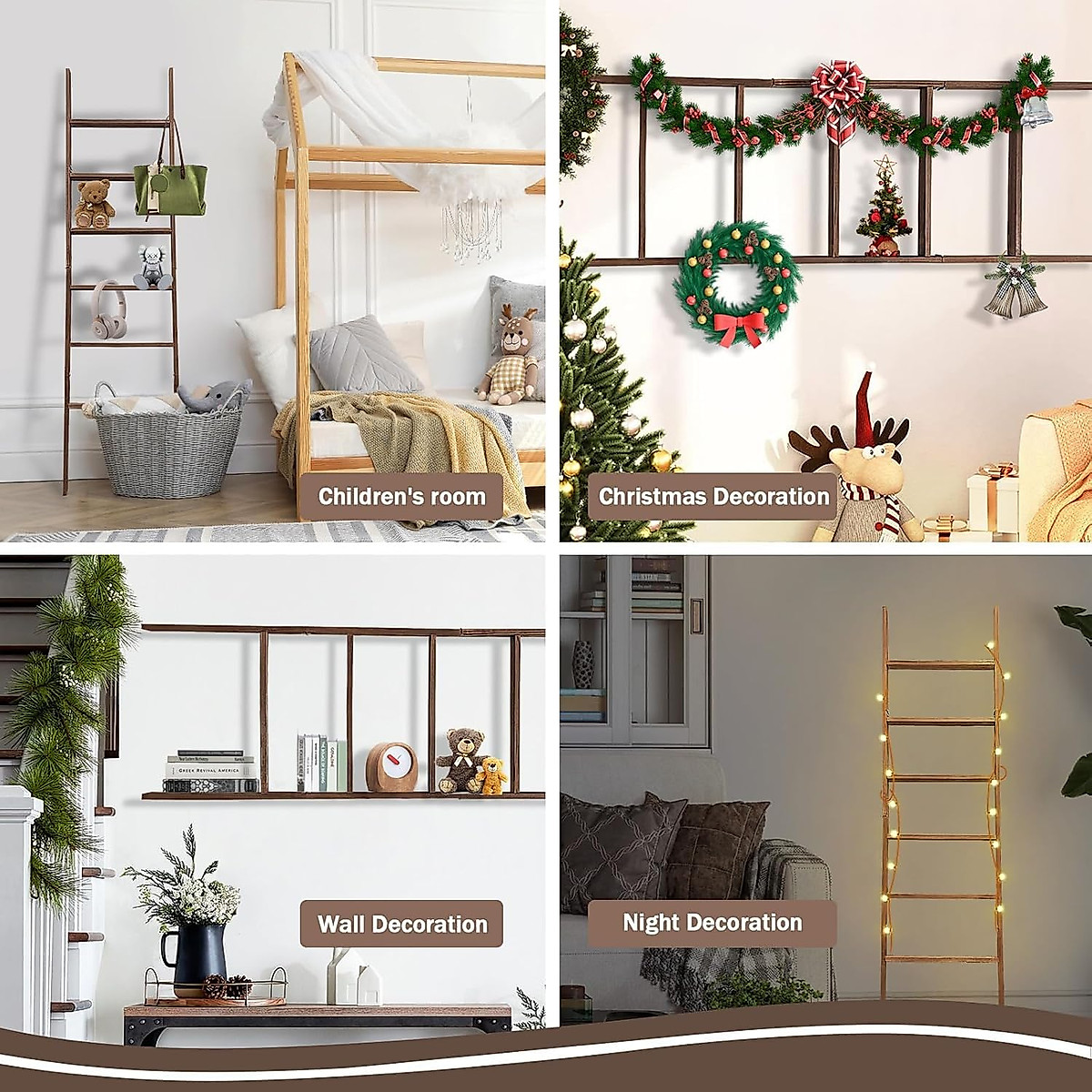 6-Tier Decorative Wooden Blanket Ladder - 5.5 Ft Towel Rack and Wall-Leaning Quilt, Farmhouse Style, Ideal for Living Room, Bathroom, Bedroom - Not for Climbing (Carbon Brown)
