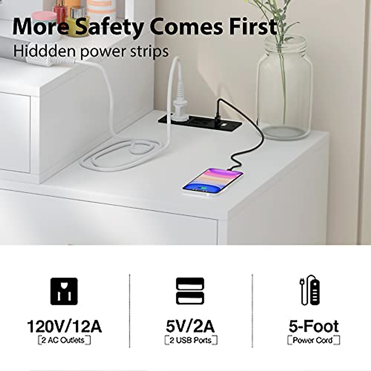 PAKASEPT Vanity Makeup Desk with Lights and Charging Station, Dressing Table Vanity Desk with Mirror and Lights,Storage Shelves, Drawers for Bedroom,White