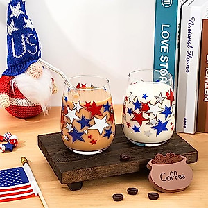 Whaline 2Pcs Patriotic Stemless Wine Glasses 17oz Red Blue White Star Drinking Glasses Star Patterned Tumbler Cups Independence Day Party Cups for 4th of July Party Supplies Kitchen Decorations Gifts
