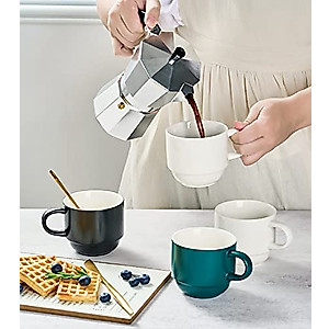 YHOSSEUN Porcelain Coffee Mug Set With Metal Stand, Ceramic Cups with Espresso Spoons, 11 Ounce Mug Set Perfect For Americano, Chocolate Drinks, Milk, Tea, Set of 4, White