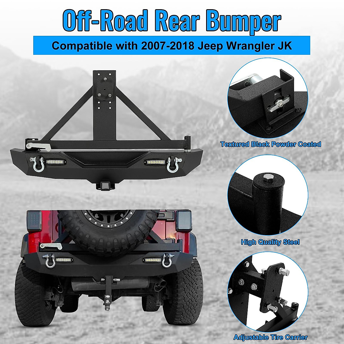 HECASA Rear Bumper Compatible with 2007-2018 Jeep Wrangler JK w/Lockable Tire Carrier w/2" Receiver w/18W High Powered LED Floodlights Steel Textured Black 2 Packages