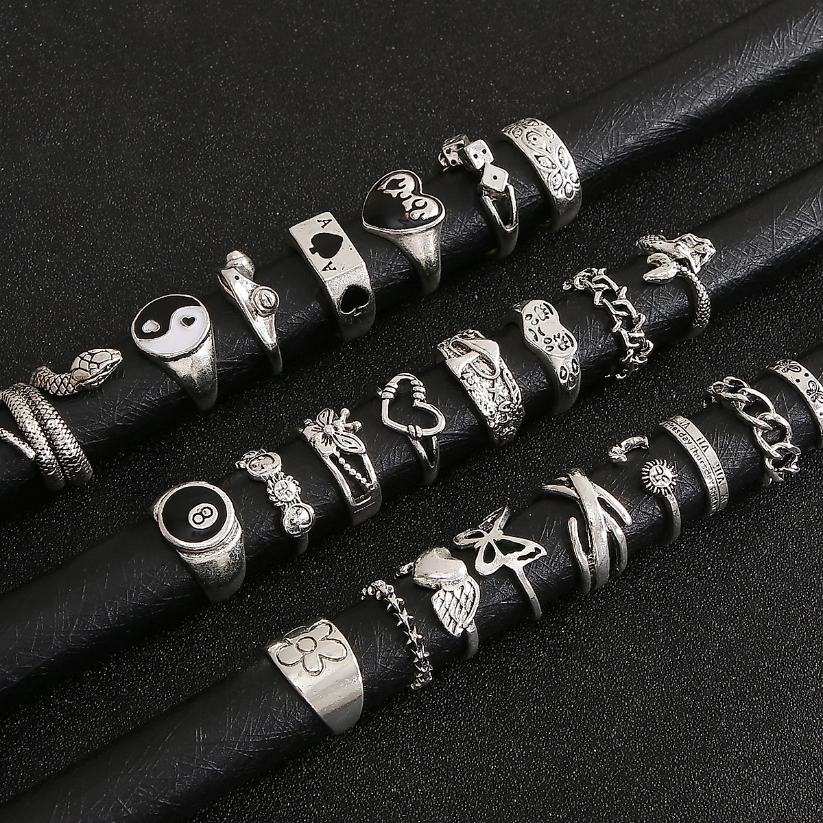 Vintage Silver Open Punk Rings for Men Women, 24PCS Adjustable Rings, Alt Rings, Chunky Silver Rings, Bulky Rings, Hippie Rings ,Cool Gothic Ring,Statement Stacking Ring, Skull Snake Star Flower Heart