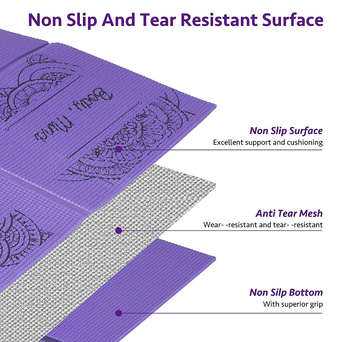 Foldable Yoga Mat for Women, Non Slip Exercise Mat for Home Gym, 5mm Travel Yoga Mats Set With Stretch Strap for Yoga Pilates and Fitness, 68"L x 24"W x 0.2 Inch Thick