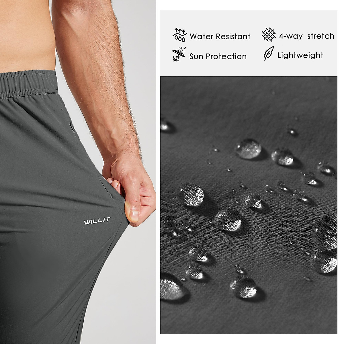 Willit Men's Running Pants with Zipper Pockets Open Bottom Quick Dry Lightweight Track Pants Athletic Workout Deep Gray L