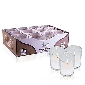 KISCO CANDLES: 10 Hour Votive Candles with Holders 12-Pack Clear Decorative Glass Home Decor, Beautiful Living Room, Kitchen, Bathroom Lighting | Long-Lasting Wax