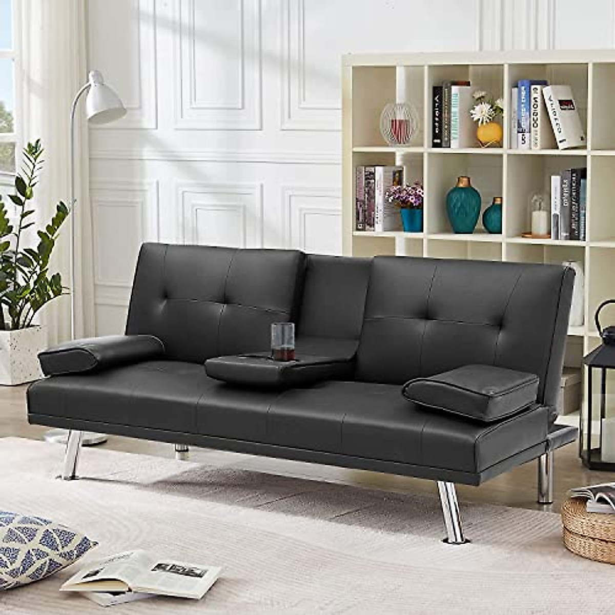 Anwick Modern Leather Futon Sofa Bed,Convertible Folding Couch Recliner Sleeper Loveseat for Small Space,Apartment,Office,Dorm,with Cup Holders and Removable Armrest Black (Black)