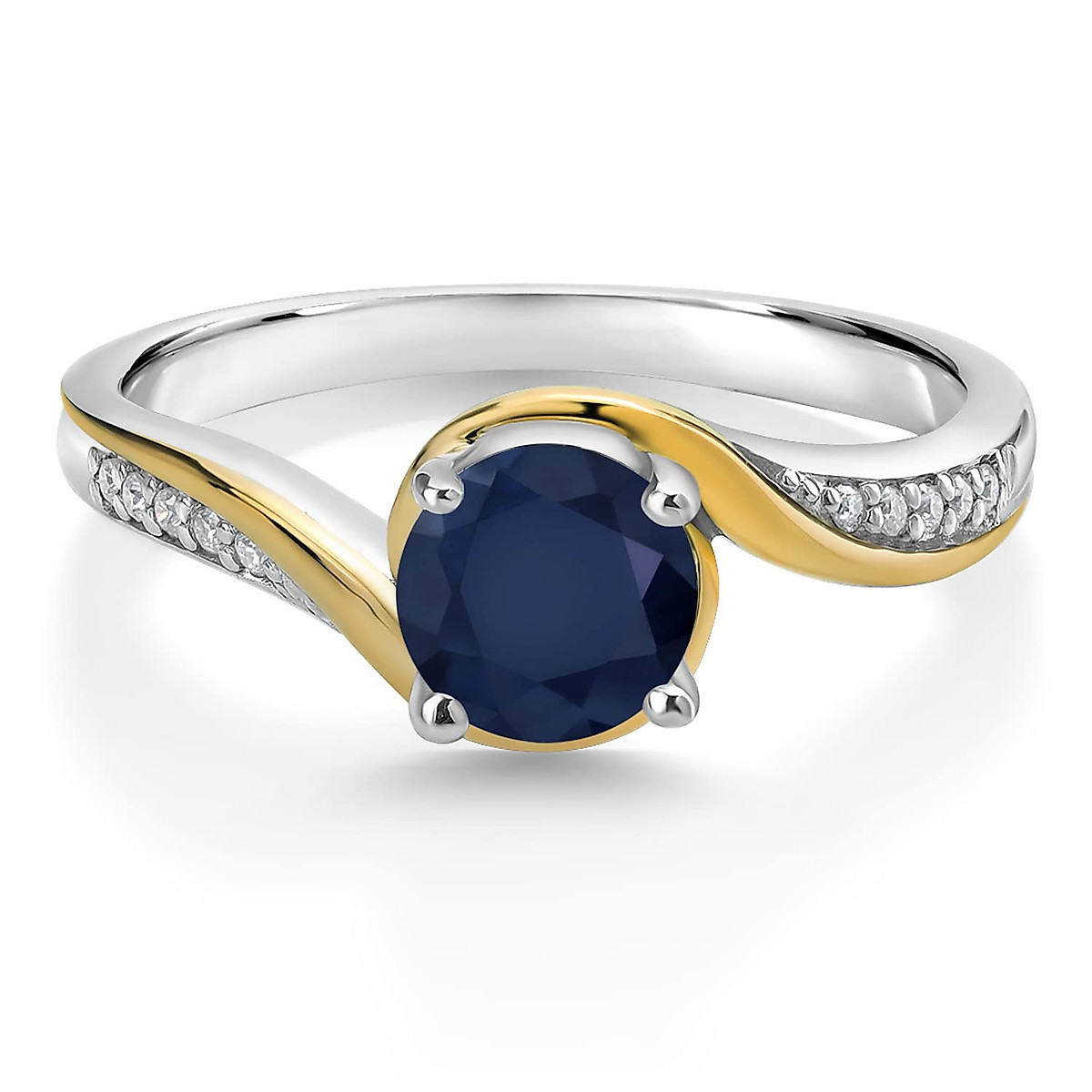 Gem Stone King 925 Sterling Silver and 10K Yellow Gold Round Blue Sapphire and White Moissanite Women Engagement Ring (1.15 Cttw, Gemstone Birthstone, Available In Size 5, 6, 7, 8, 9)