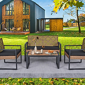 VOTSMOKK 4 Pieces Patio Furniture Set, Outdoor Garden Patio Conversation Sets with Coffee Table, for Backyard, Lawn, Balcony, Outside Patio Table and Chairs Set with Soft Cushions, Black and Brown