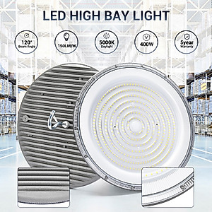 XYCN 6 Pack 400W UFO Led High Bay Light,100-277v,5000K Daylight Commercial Bay Lighting,IP66 Waterproof,61050LM,1750W MH/HPS With Plug Area Lighting For Warehouse/Shop/Workshop/Garage/Barn/Gym/Factory