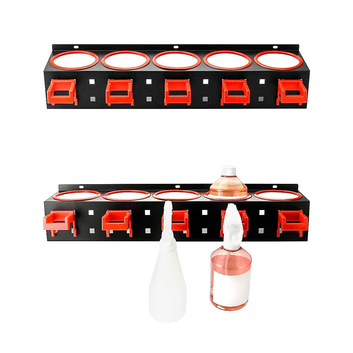 QWORK Wall-mounted Spray Bottle Holder, 2 Pack Aerosol Can Rack Organizer - 5 Holes and 5 Plastic Hooks Included for Tidying Up Your Cleaning and Detailing Tools