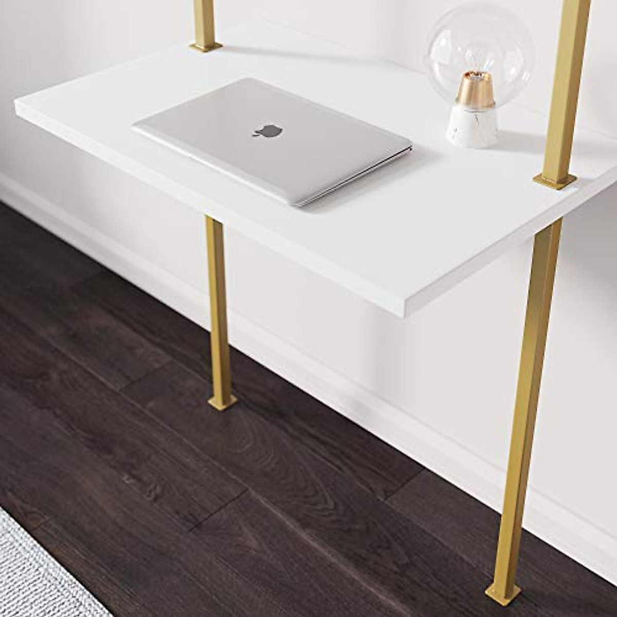 Nathan James Theo 2-Shelf Industrial Wall Mount Ladder Small Computer or Writing Desk, White/Gold Brass