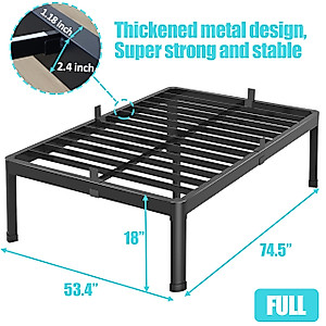 Firpeesy 18 Inch Full Size Bed Frame Metal with Sturdy Steel Round Corner Leg, 3500 lbs Heavy Duty Metal Full Platform Bed with Steel Slats Support，Black Full Bedframe，No Box Spring Needed