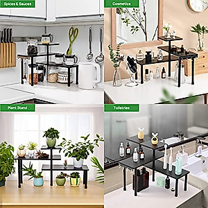 Ollieroo Kitchen Counter Shelf Organizer, 3 Tier Corner Shelf Bamboo Bathroom Countertop Organizer with Hooks, Space Saving Makeup Organizer Spice Rack Corner Plant Shelf
