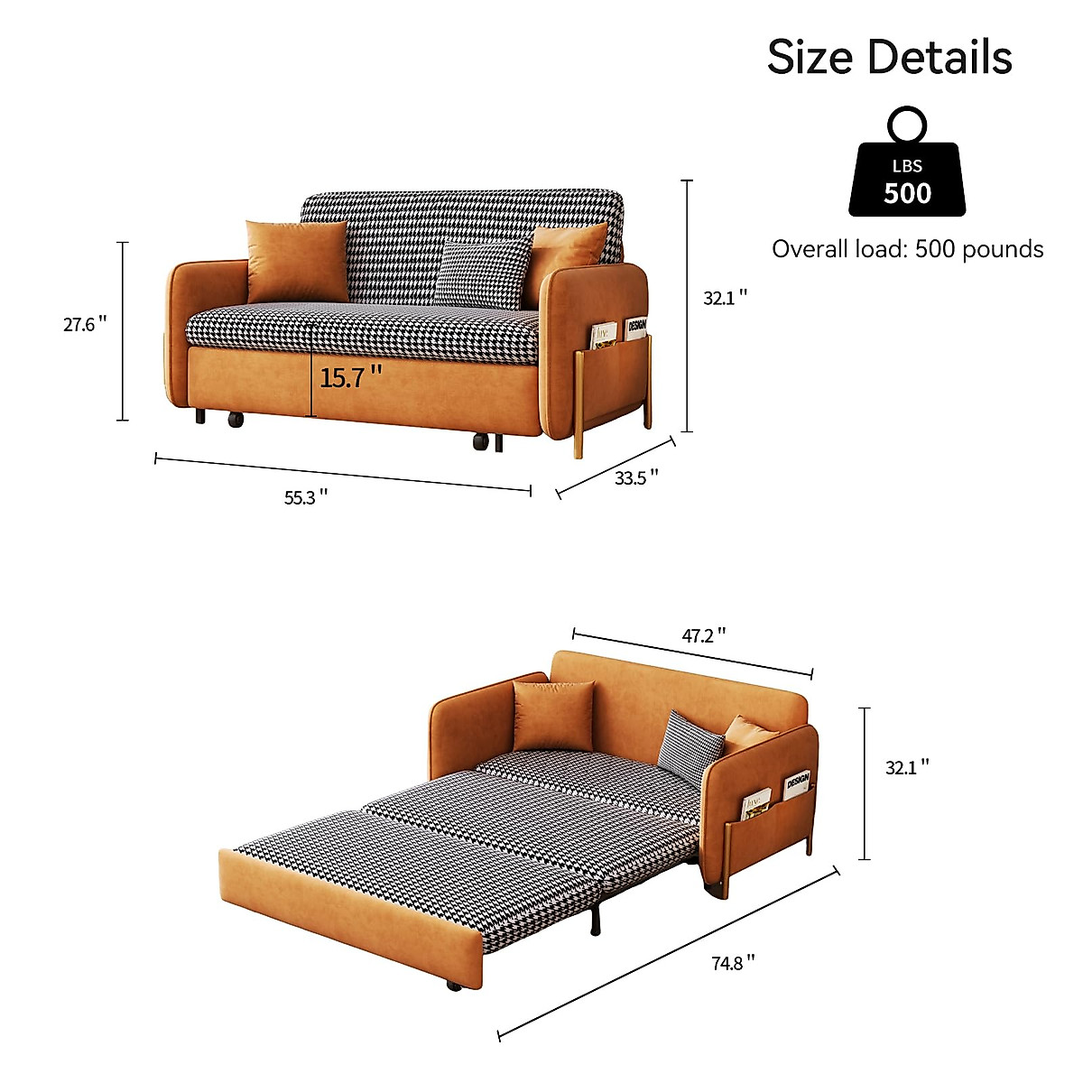 53.5" Full Sleeper Sofa Orange Upholstered Convertible Sofa Bed 3 in 1 Sleeper Sofa Couch Bed, Small Tufted Velvet Convertible Loveseat Futon Sofa w/Pullout Bed, Multi-Pockets for Living Room