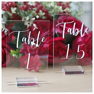 UNIQOOO Acrylic Wedding Table Numbers 1-15 with Stands | 4x6 inch Printed Calligraphy, Clear Table Number Signs and Holders | Perfect for Wedding Reception, Centerpiece Decoration, Event, Party