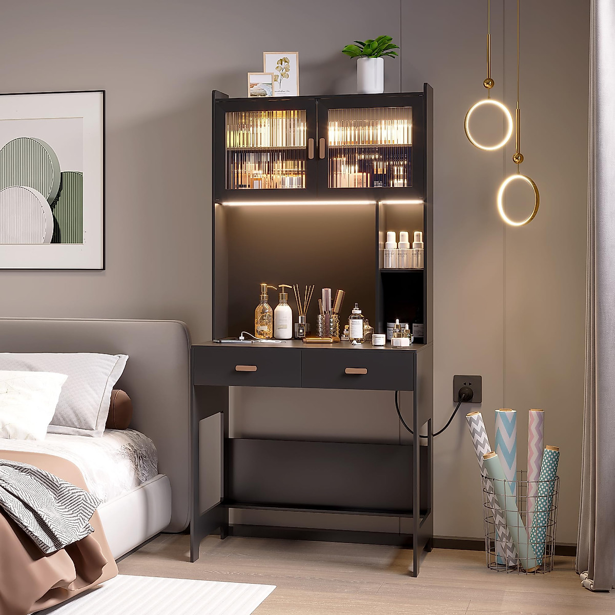 Vlsrka LED Home Office Desk with Hutch, 31.5 Inch Modern Computer Desk with Power Outlet, Wooden Bush Study Desk with Storage Drawers & Shelves (Matte Black)