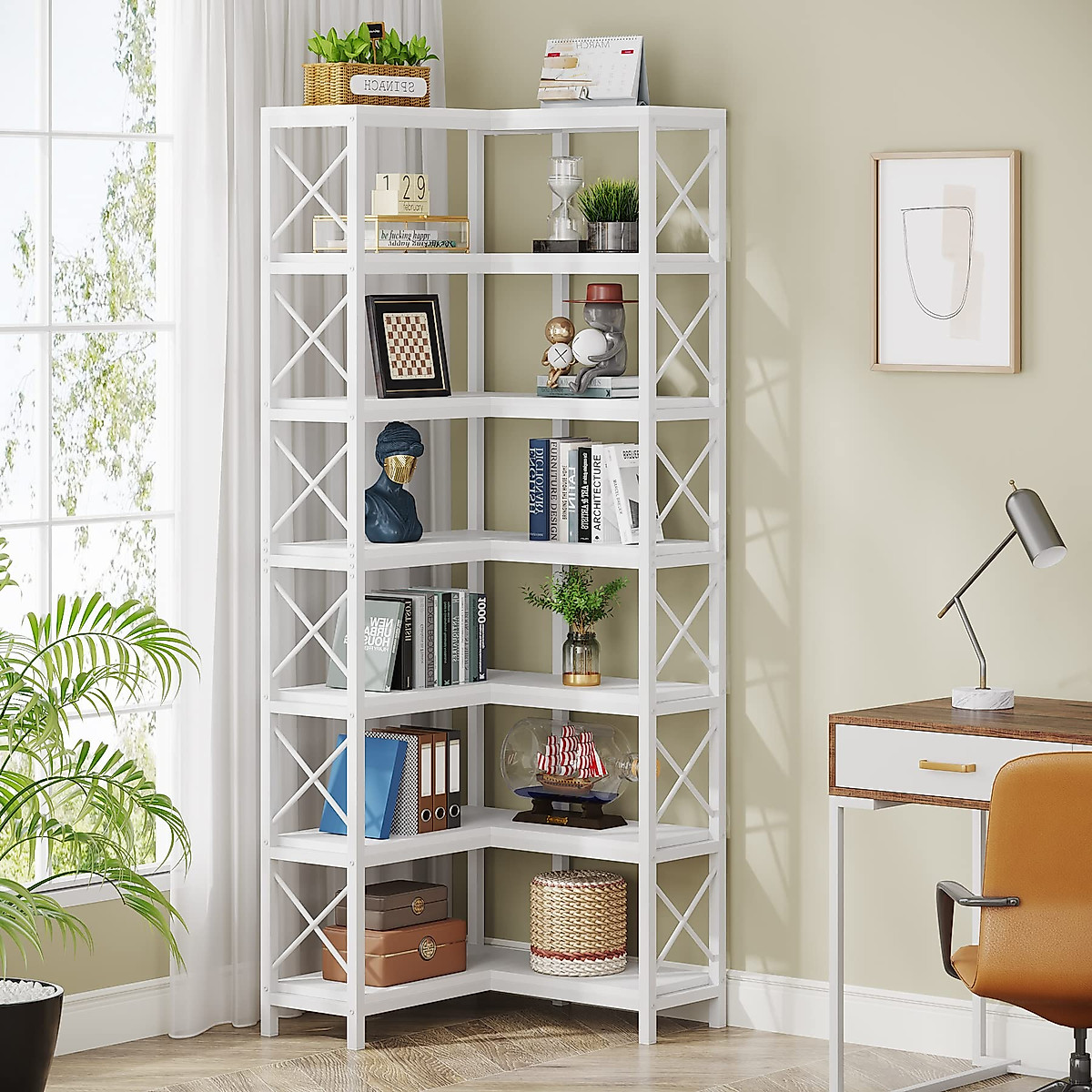 LITTLE TREE 7 Shelf Corner Bookcase, Industrial Large Corner Bookshelf, 7-Tier Tall Corner Shelf Storage Display Rack with Metal Frame for Living Room Home Office, White