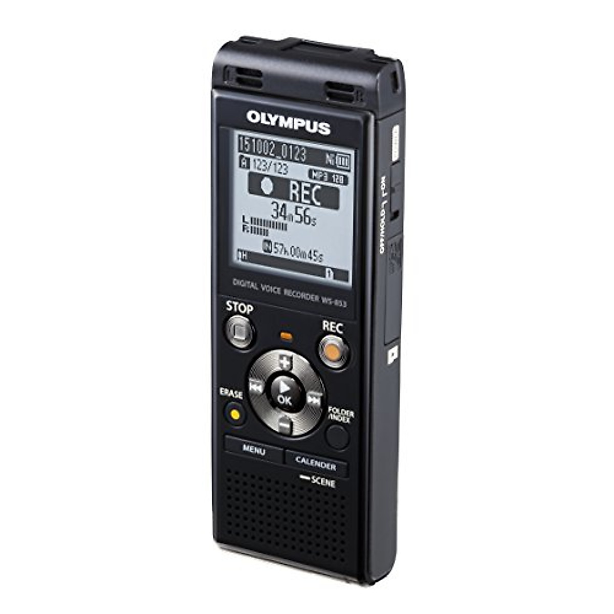 Olympus WS-853 black voice recorder with true stereo mic, 8GB, 110 hours battery life, voice balance, direct USB connection, with MP3 file format.