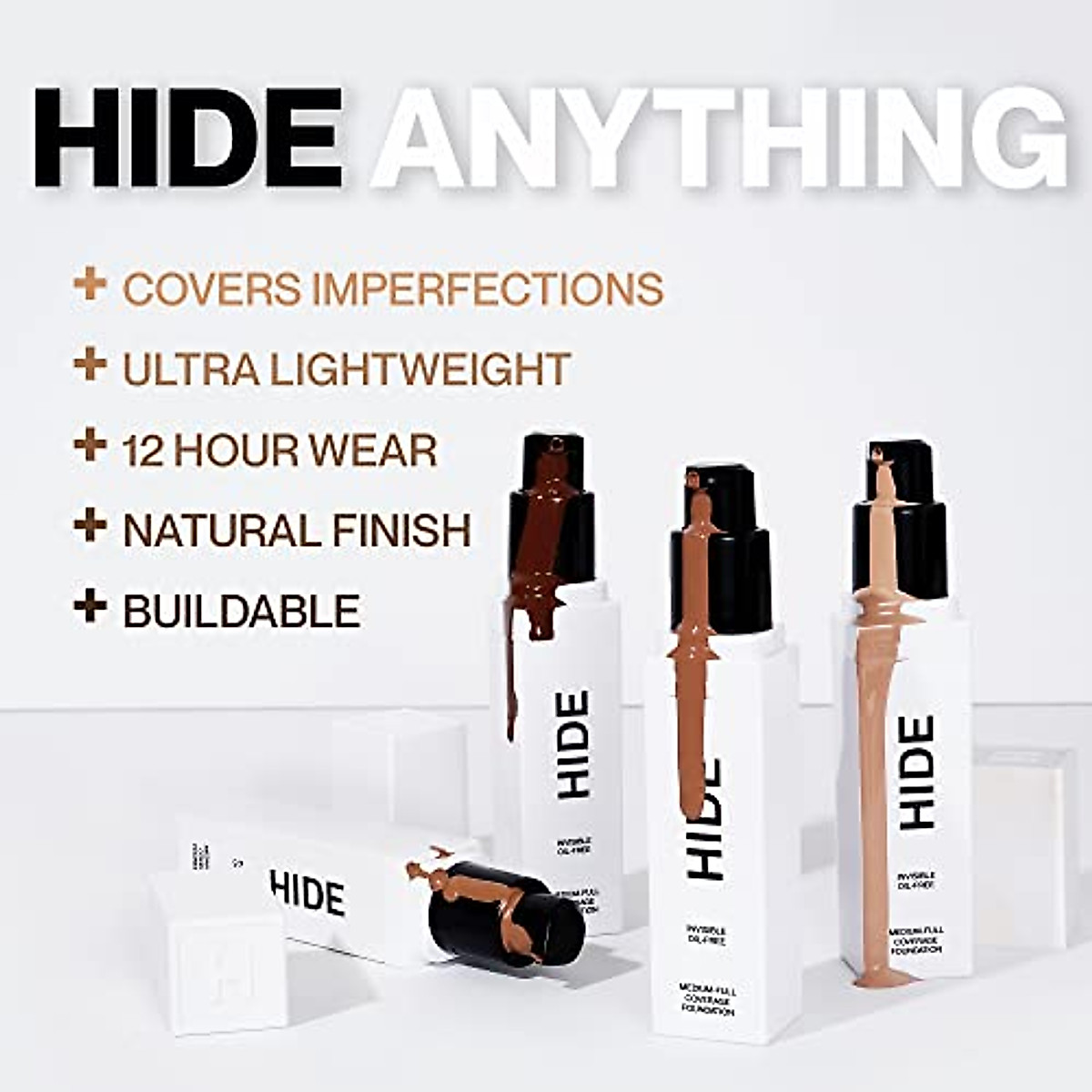 HIDE PREMIUM Liquid Foundation, SEE SHADE FINDER Below For Perfect Match, Multi-Use Waterproof Foundation, Medium/Full Coverage Foundation, Oil Free – We Have a Shade For All Skin Types, 1 fl. Oz. (Natural Beige)