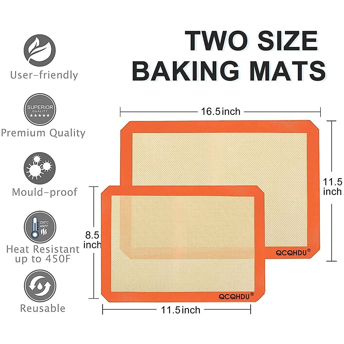 Silicone Baking Mat Set of 4-2 Half Sheet (11-5/8" x 16-1/2") 2 Quarter Sheet (8-1/2" x 11-1/2")，100% Non-Stick Reusable Food Safe Tray Pan Sheet Liners With Macaron, Pastry, Cookie (Orange)