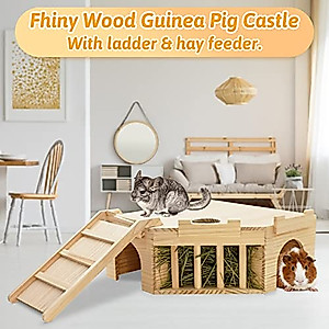 Fhiny Guinea Pig Wooden Castle with Hay Holder, Ventilated Chinchilla Hideout with Feeding Bowl Ladder, Small Animal Multi Chamber Hideaway for Young Guinea Pigs Chinchillas Hedgehogs