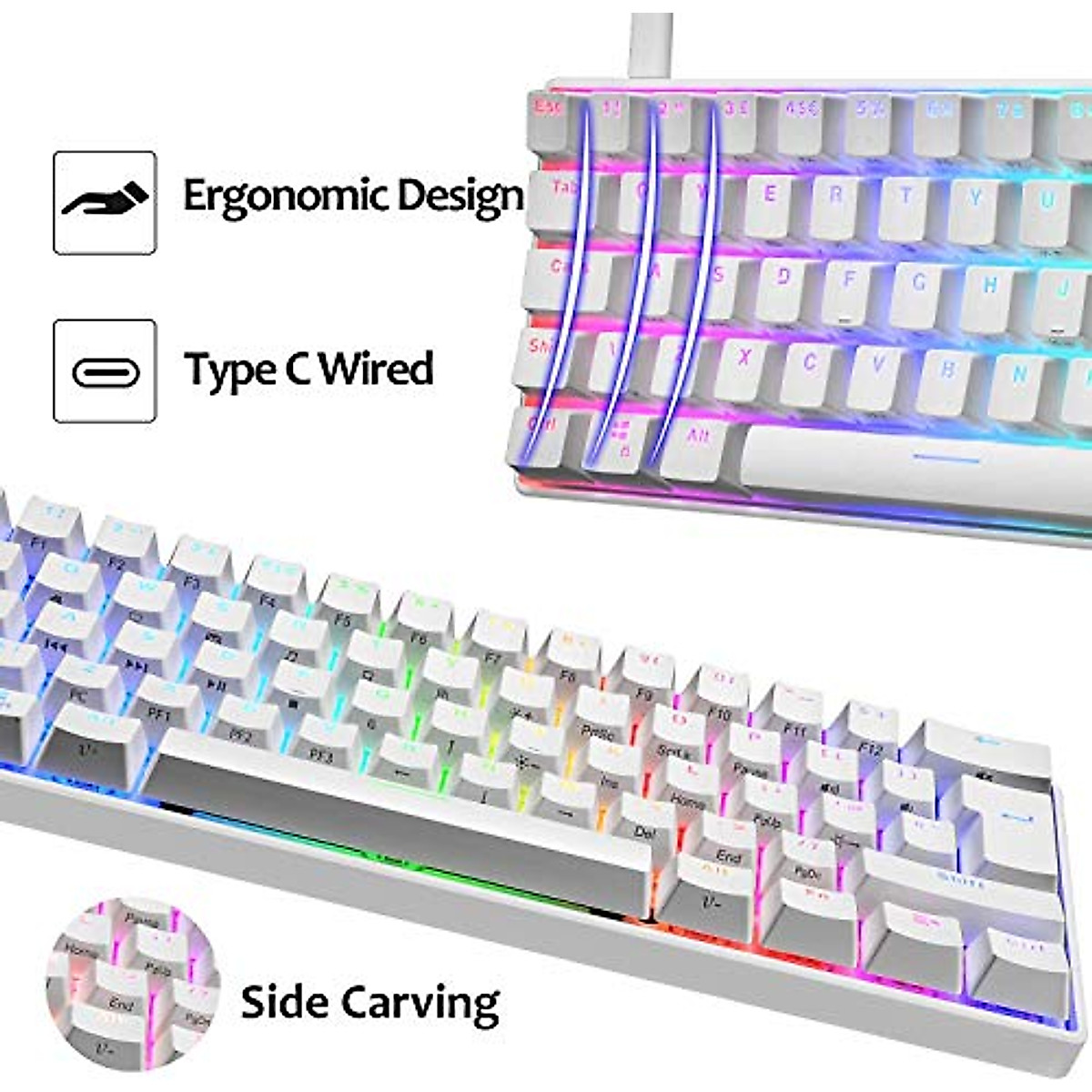 ZIYOU LANG MK21 Portable 60% Mechanical Gaming Keyboard Untra-Compact Type-c Wired with Light Up Chroma LED Backlit Non-Conflict 61 Key TKL Ergonomic for PS4 PS5 PC Mac Windows(White/Red Switch)