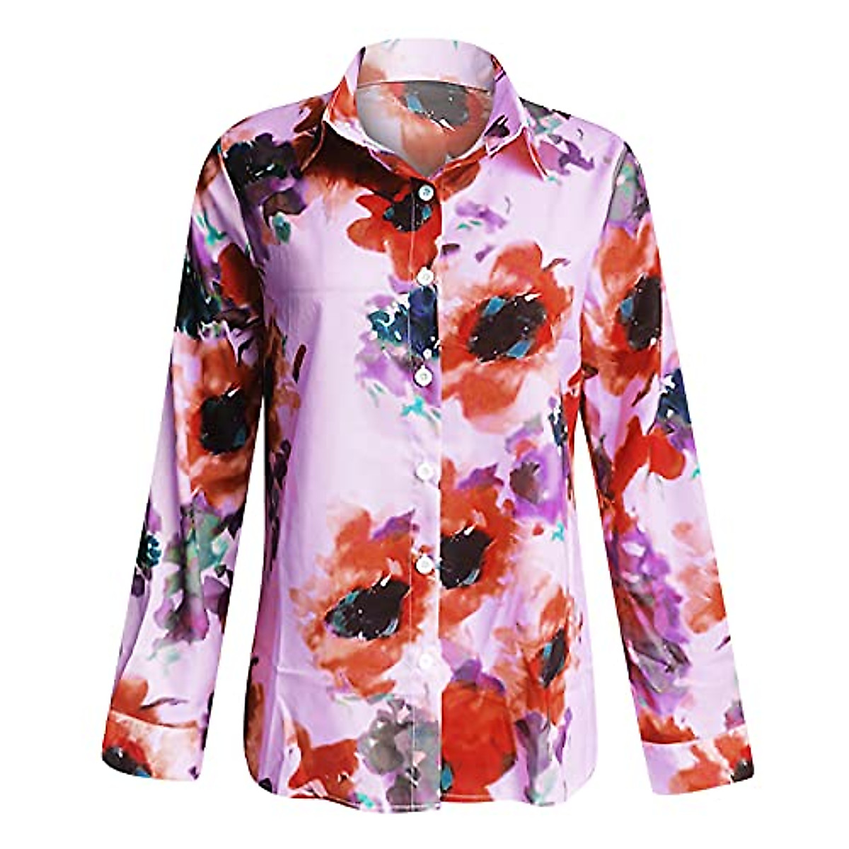 lcziwo Button Down Floral Printed Shirts for Women Casual Turn -Down Collar Blouse Shirt Long Sleeve V Neck Top Purple