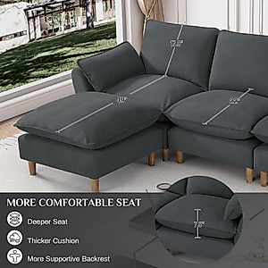 Wrofly L-Shaped Sectional Sofa Couch, 94" Comfy Chenille Deep Seat Cloud Couch with Convertible Ottoman & 2 Pillows, Modern Oversized 3 Seater Sleeper Sofa Set for Living Room Office, Dark Grey