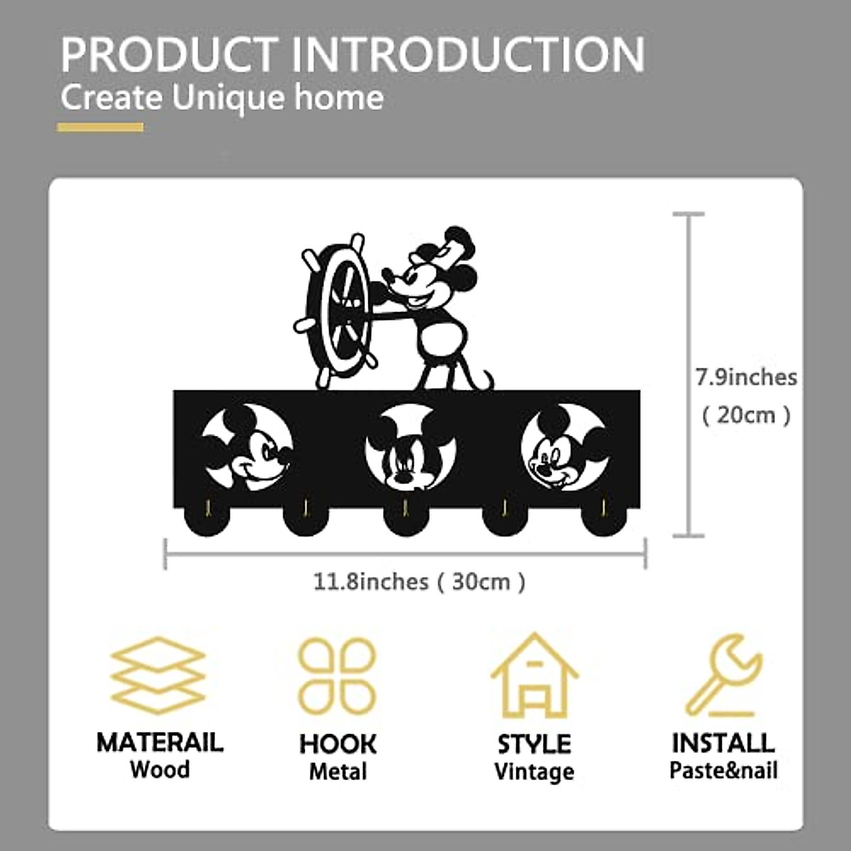 Mickey Door Hooks,Disney Mickey Mouse Cartoon Animation Coat Hooks,Key Holder,Key Hanger for Wall、Entryway and Living Room -Unigue Gift-5 Hooks-20LB(Max)